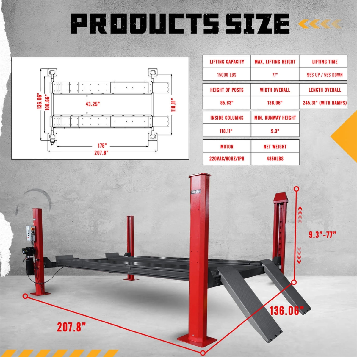 KATOOL KT-4H150 15,000lbs. Heavy Duty 4-Post Alignment Lift Rolling ...