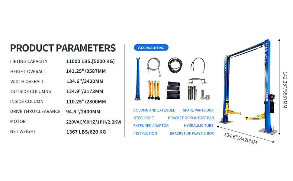 M&E 2-Post 11000lb Clearfloor Vehicle Lift ME-LM110S | Wholesale Lifts