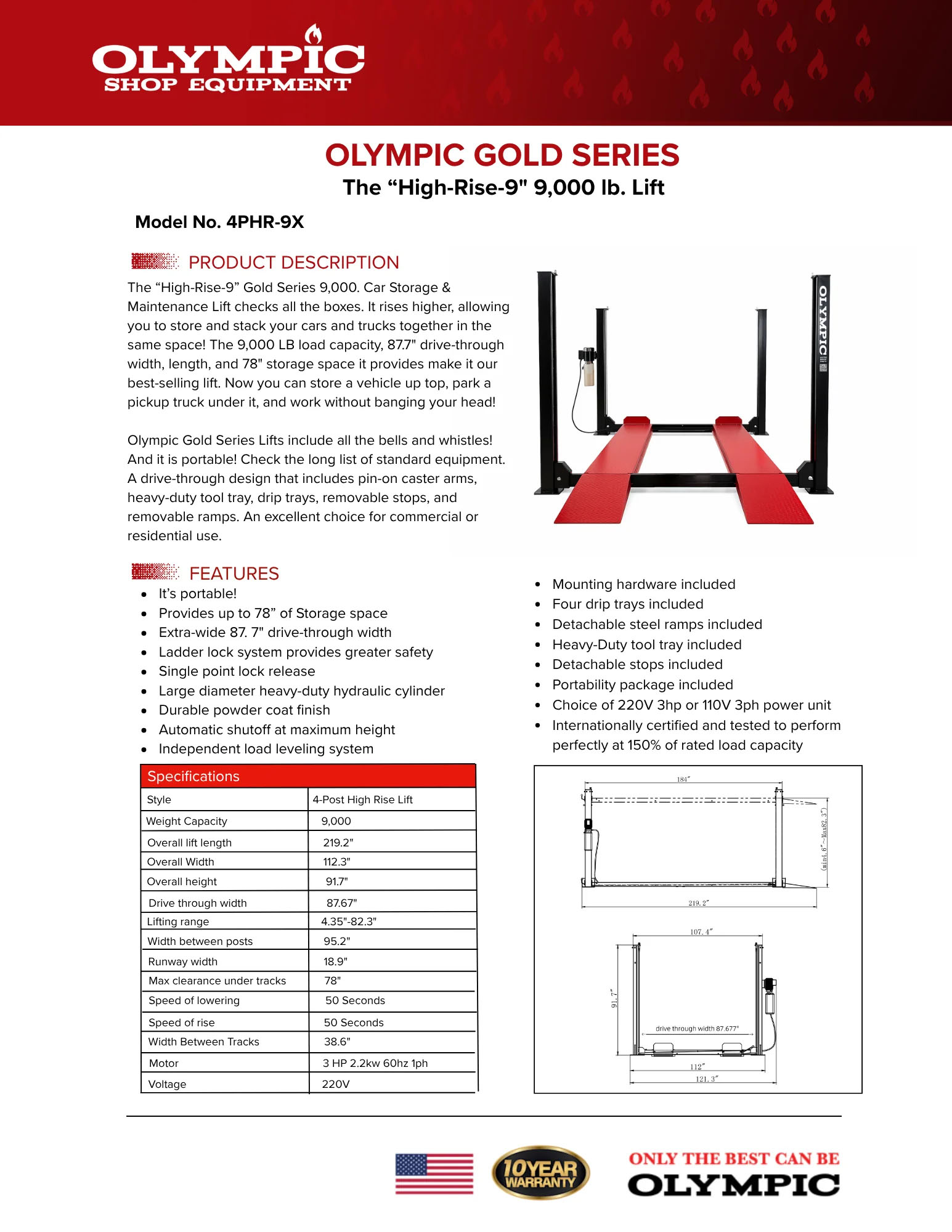 Olympic 4PHR-9X / 9,000 lb. Gold Series High-Rise Car Storage Lift ...
